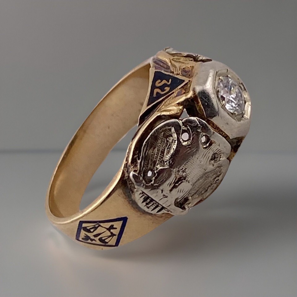 Vintage 14K Gold Masonic Enamel 32 Eagle Scales Diamond Ring 12.1 Grams ...