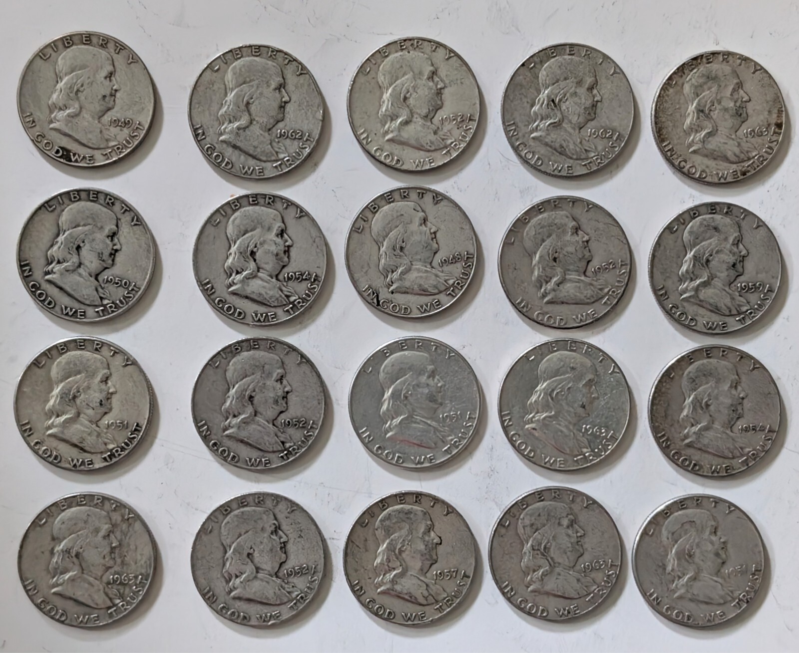 (LOT OF 20) 90% SILVER FRANKLIN HALF DOLLARS RANDOM DATES 1949-1963 PD ...