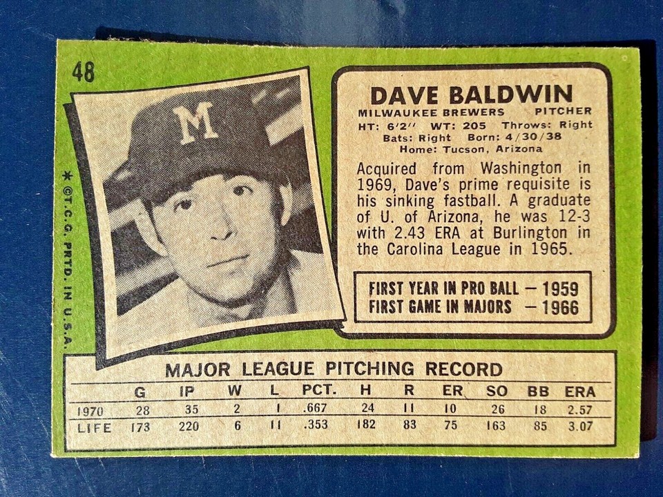 1971 Topps Baseball #48 Dave Baldwin - Milwaukee Brewers - EX-MT | eBay