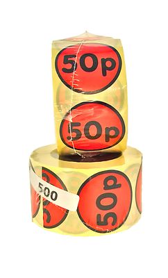 Special Offer 50p Labels, 500 per roll, 40mm Diameter, Presented on ...