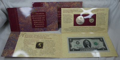 1993 Thomas Jefferson Coin & Currency Set $2 Note Dollar Silver Dollar ...