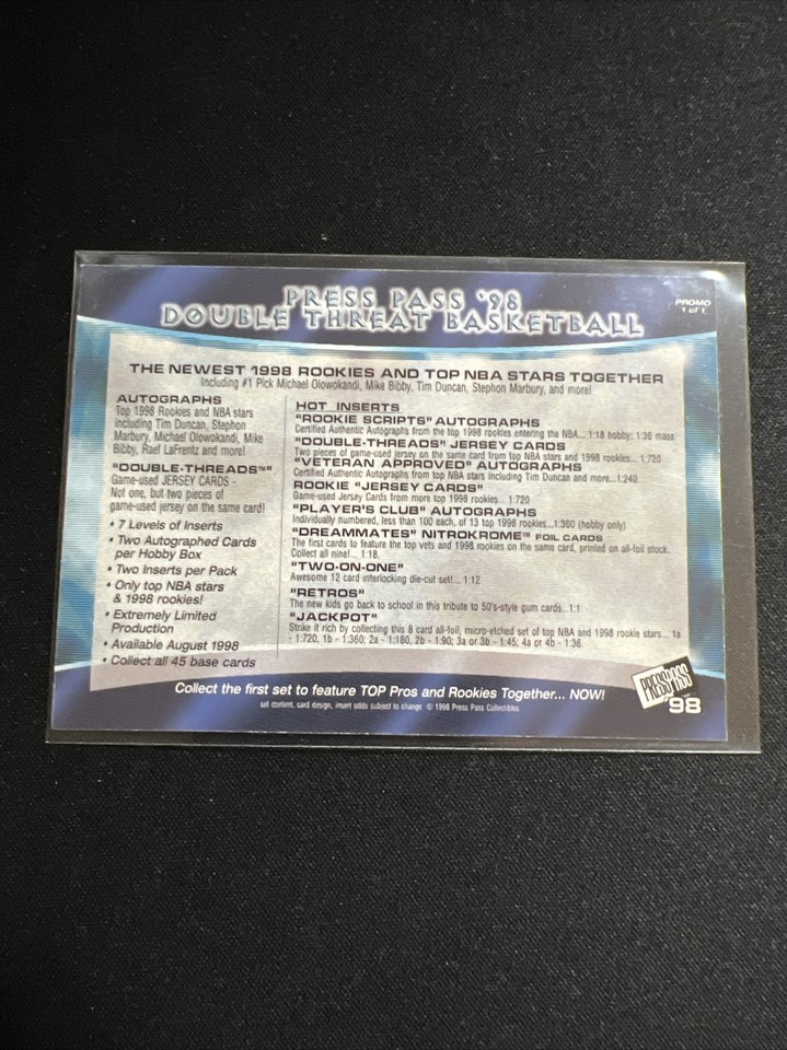 Tim Duncan Mike Bibby 1998 Press Pass Double Threat Dreammates Rookie ...