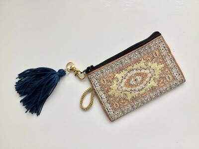 Beige-Gold Coin Bag w Tassel, Card Case, Kilim Pattern Zippered Storage ...