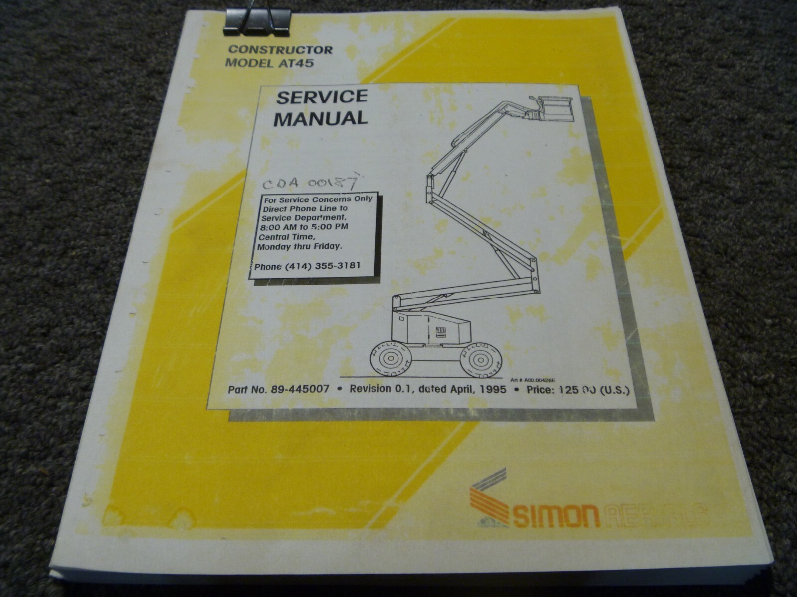 Simon AT45 Constructor Aerial Boom Lift Shop Service Repair Manual xz ...