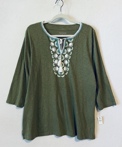 Talbots Top Womens Large Olive Green Embroidered Split Neck Tunic Tassel Boho | eBay