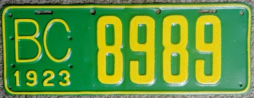 **1923 BRITISH COLUMBIA License Plate ** #8989 Repeating Four Digit ...