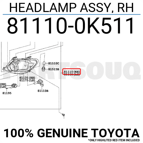 811100K511 Genuine Toyota HEADLAMP ASSY, RH 81110-0K511 | eBay