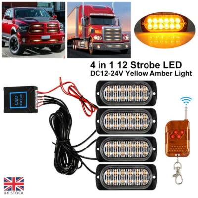 4x 12 LED Amber Recovery Strobe Flashing Grille Light Lightbar Truck ...
