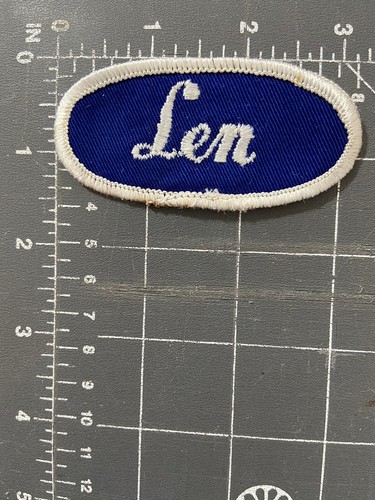 Vintage Len Name Tag Patch Badge Script Cursive White Blue Oil & Gas ...