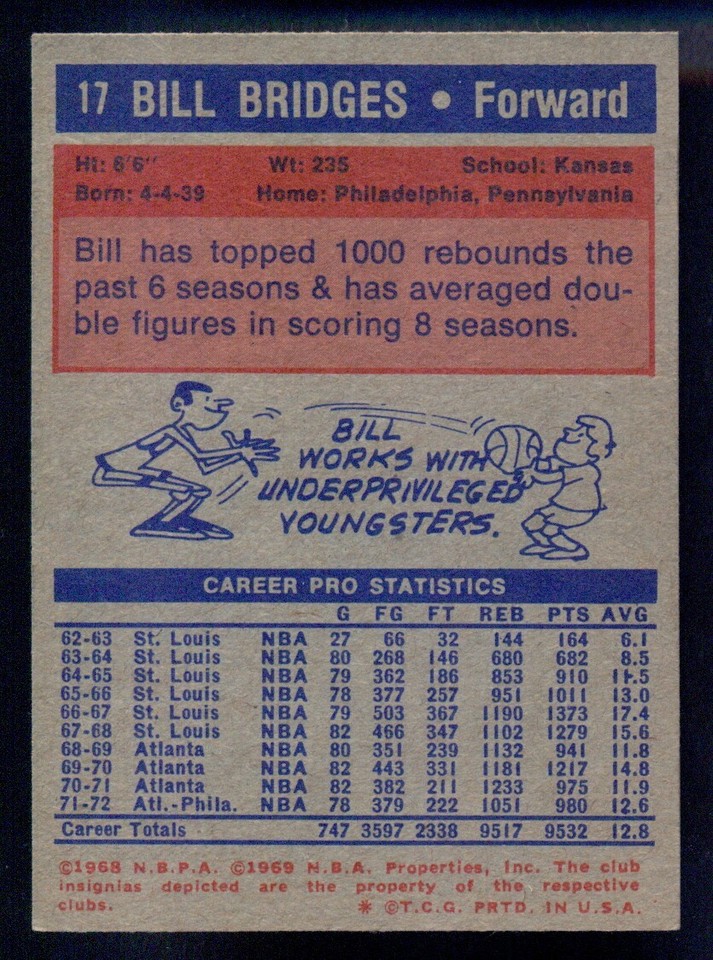 1972-73 TOPPS NBA BASKETBALL #17 Bill Bridges NM-MINT Philadelphia ...