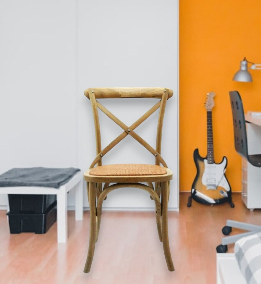 Farmhouse Rustic Cross-Back Dining Chair Elm Wood Rattan Seat Café ...