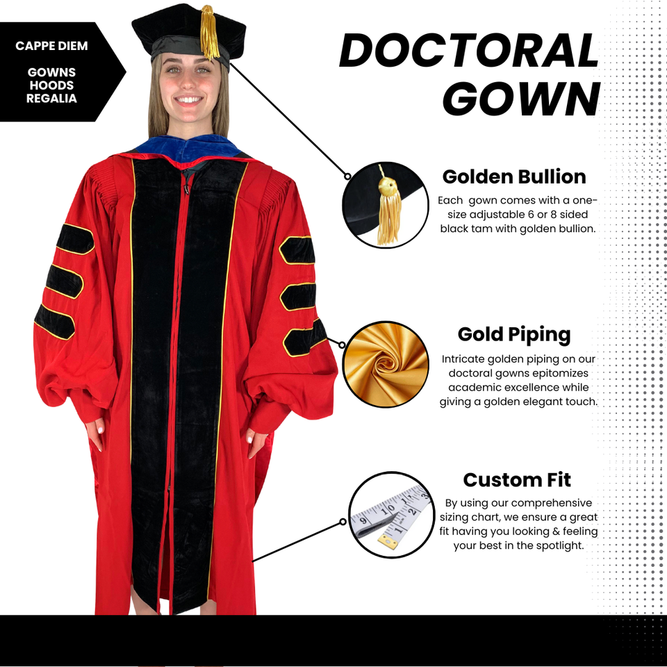 Red Doctoral Gown w/Gold Piping & Tam for University Professors and Students | eBay