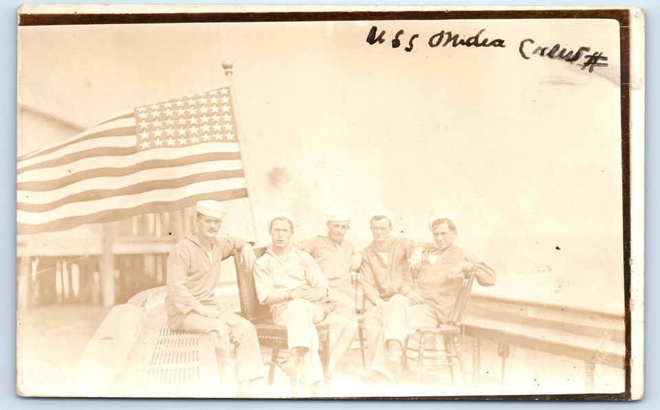 WWI USS Oneida Navy Patrol Boat Crew Flag Sailor Real Photo Postcard | eBay