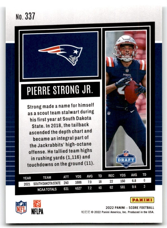 2022 SCORE PIERRE STRONG JR. RC NEW ENGLAND PATRIOTS #337 | eBay