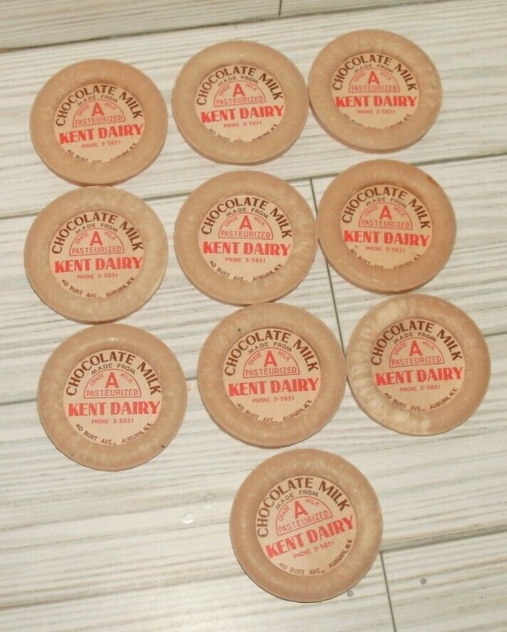 Vintage ~ 9 Kent Dairy Grade A Chocolate Milk Bottle Caps ~ Auburn Ny ...