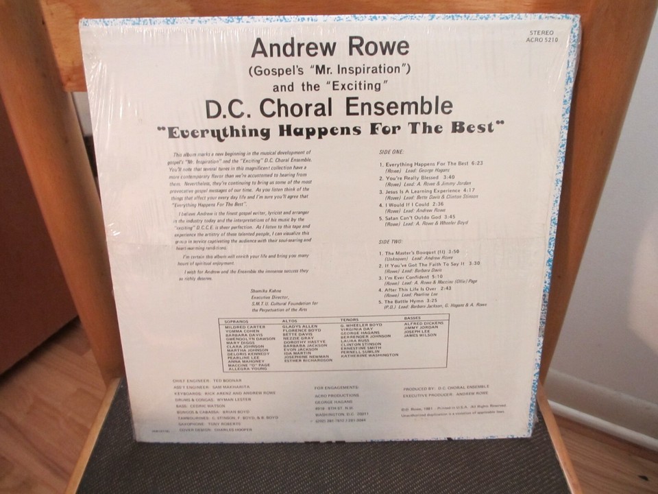 ANDREW ROWE & D.C. CHORAL ENSEMBLE EVERYTHING HAPPENS FOR THE BEST LP ...