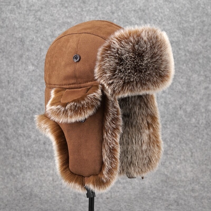 Mens Retro Trapper Hat Ski Ushanka Cossack Faux Fur Suede Leather Cap ...