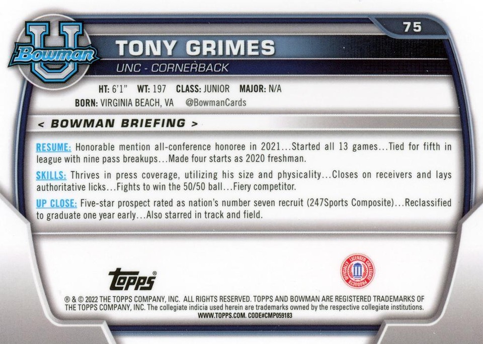 2022 Bowman Chrome University Tony Grimes #75 North Carolina Tar Heels ...