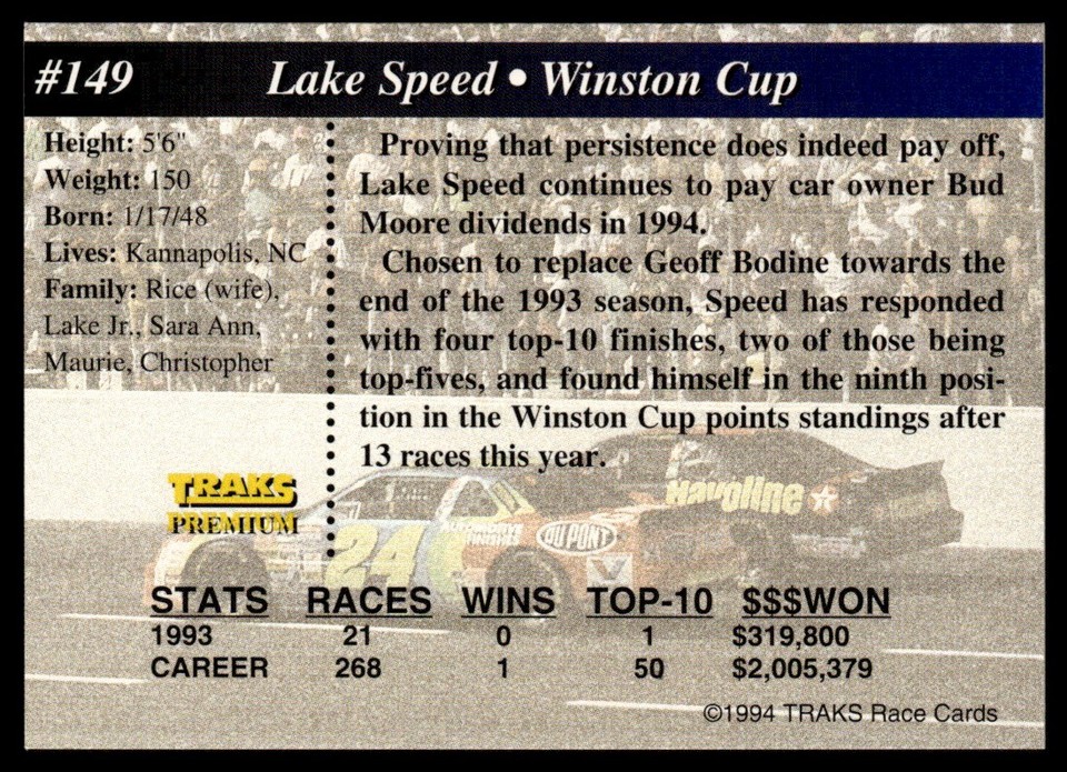 1994 Traks LAKE SPEED #149 Bud Moore Engineering - FREE Ship! | eBay