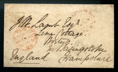🍁 St. JOhn NB to Hampshire England PAID PACKET LIVERPOOL 1859 stampless ...