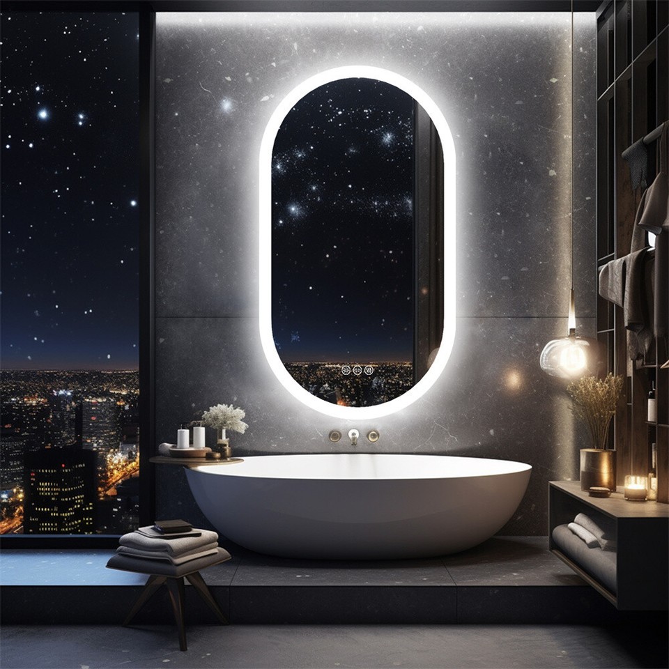 Oval Lighted LED Bathroom Mirror Pill Shaped Mirror Smart Makeup Vanity ...