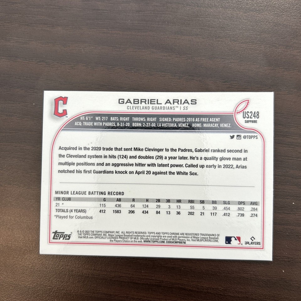 Gabriel Arias 2022 Topps Chrome Update Sapphire AUTO IP SIGNED ...