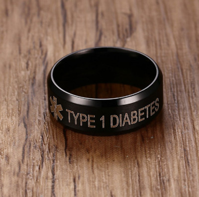 New Type 1 Diabetes Black Stainless Steel Engraved Ring, Medical Alert ...