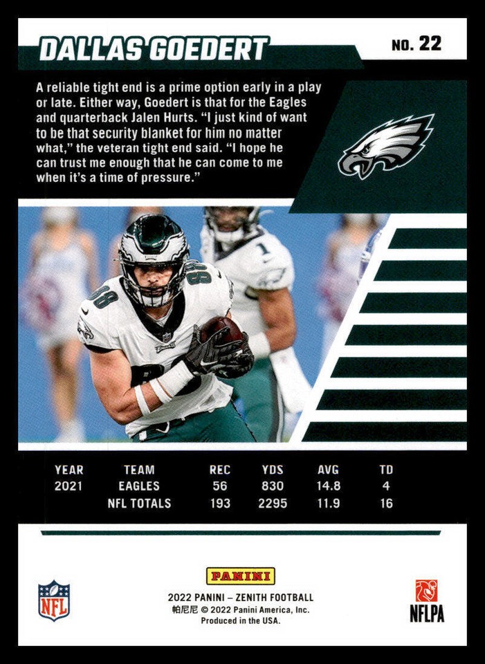 2022 Zenith Dallas Goedert #22 Philadelphia Eagles | eBay