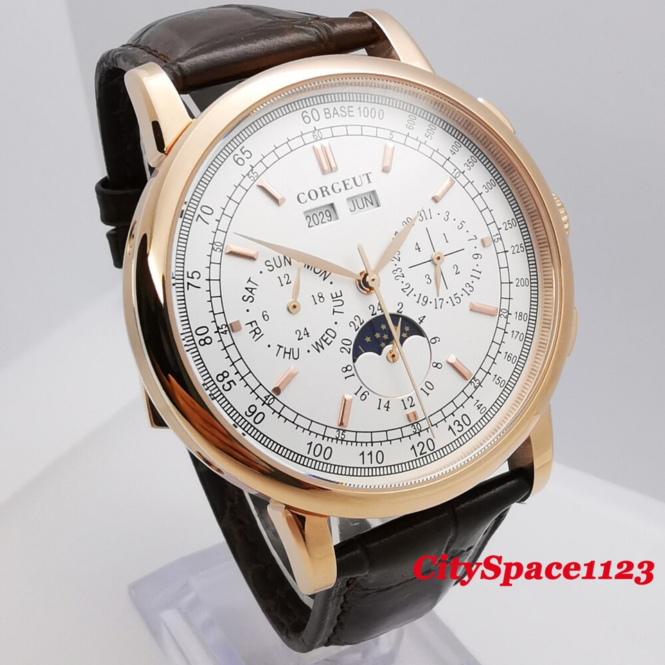 42mm Corgeut white dial rose gold Moon Phase multifunction automatic ...