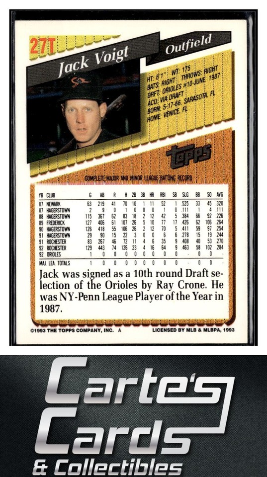Jack Voigt 1993 Topps Traded #27T Baltimore Orioles TTM/IP Signed ...