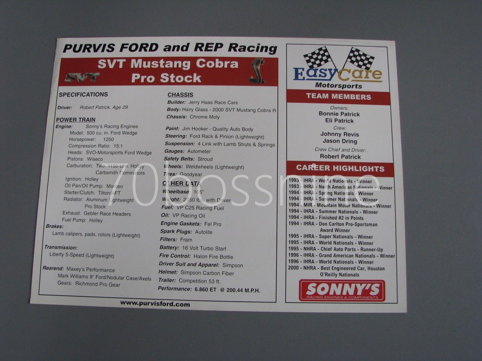 ROBERT PATRICK PURVIS FORD PRO STOCK MUSTANG 8.5X11 NHRA DRAG RACING ...
