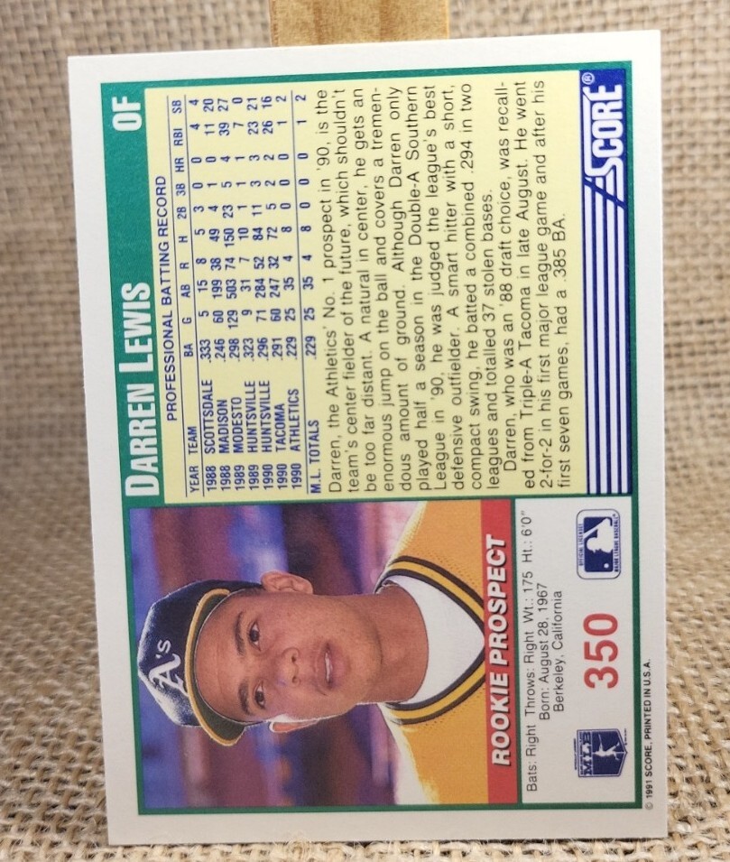 1991 Score Darren Lewis Rookie Prospect RC Baseball Card #350 Athletics ...