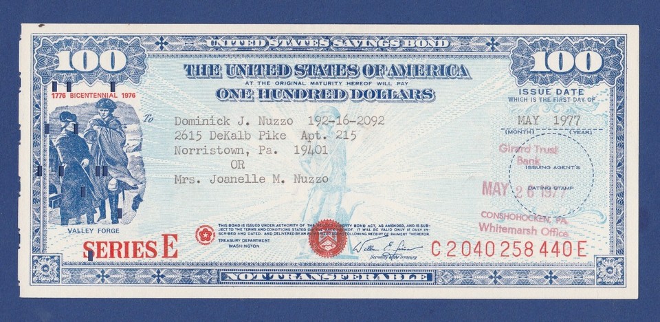 UNITED STATES Savings Bond Series E 1776-1777 bicentennial $100.00 ...