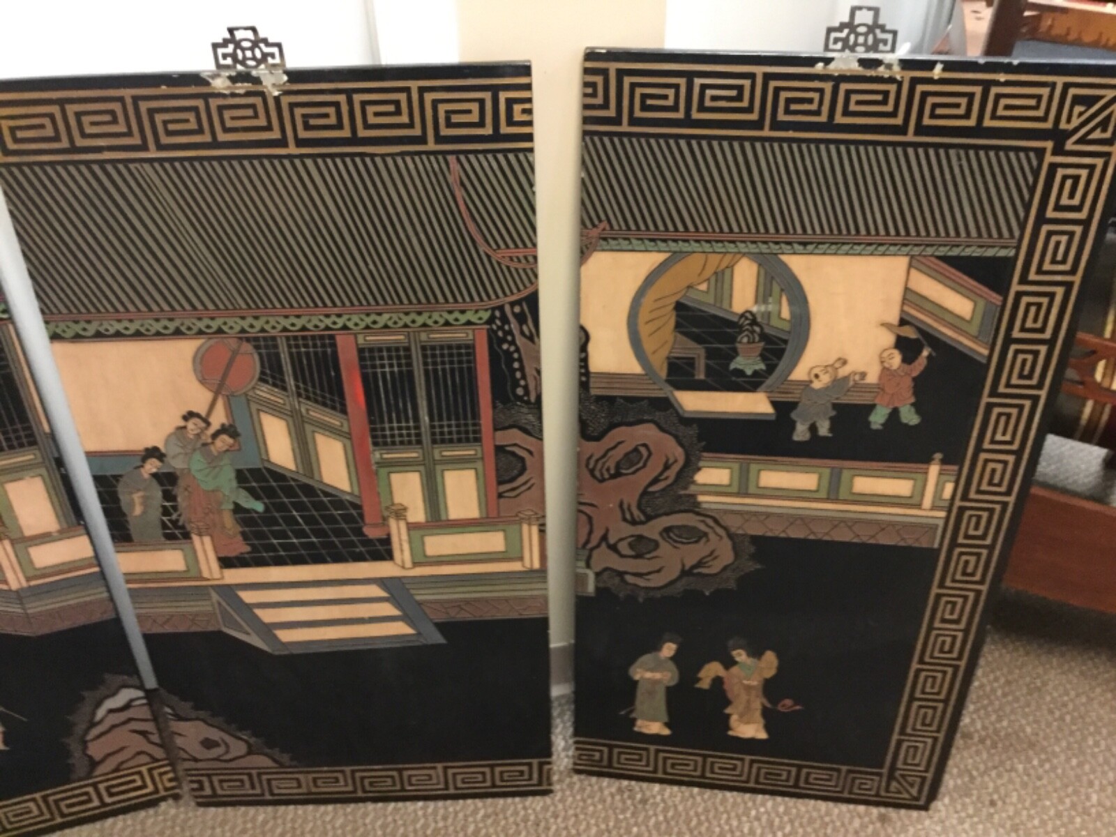 Vintage Asian Chinese Painted 4-Panel Wood Embossed Wall Art | eBay