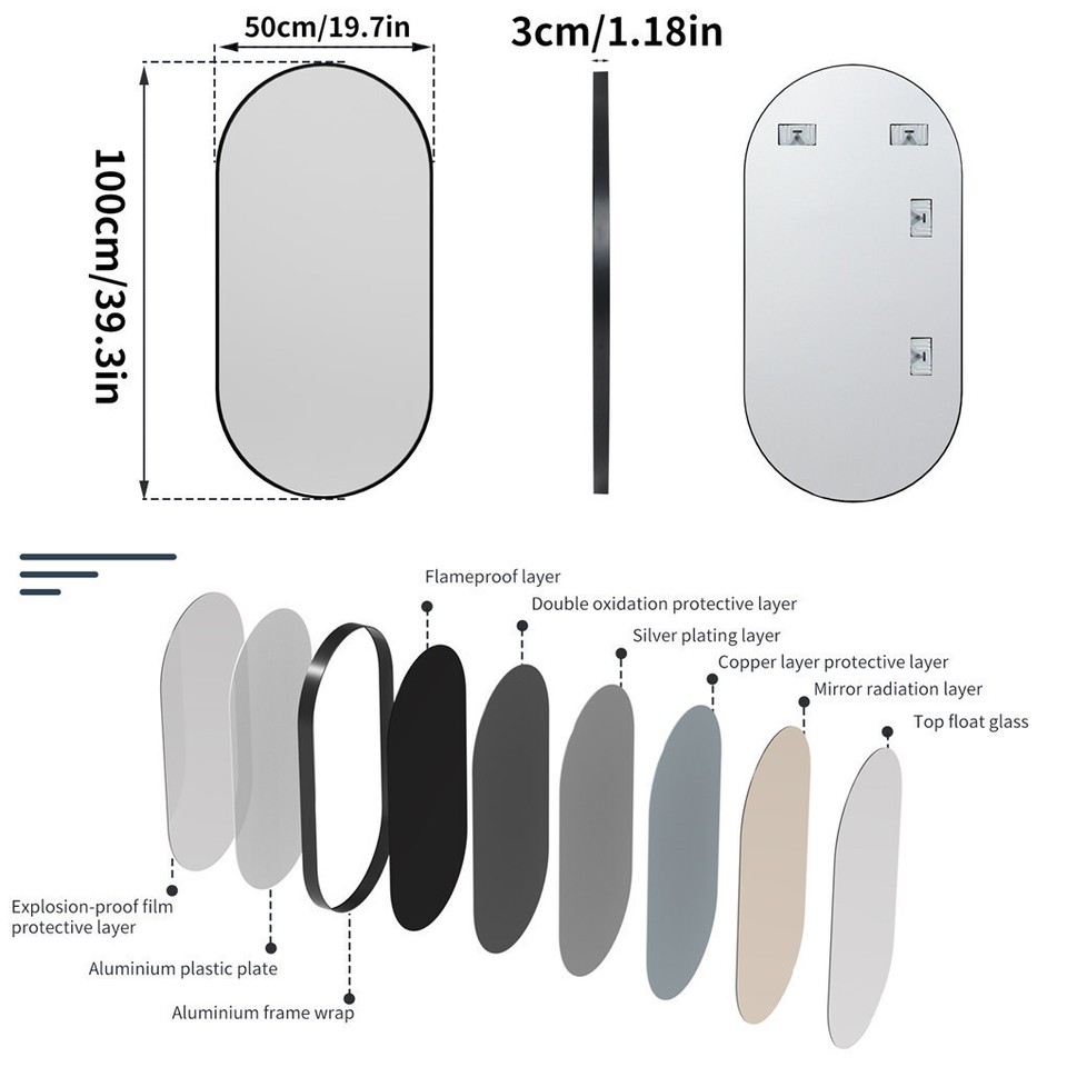 Thin Aluminum Frame Capsule Mirror Oblong Bathroom Mirror Wall Vanity ...