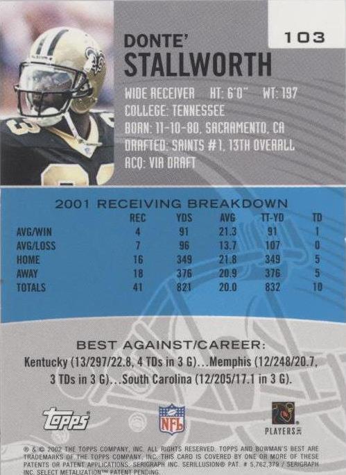 2002 Bowman's Best Donte Stallworth #103 for sale | eBay