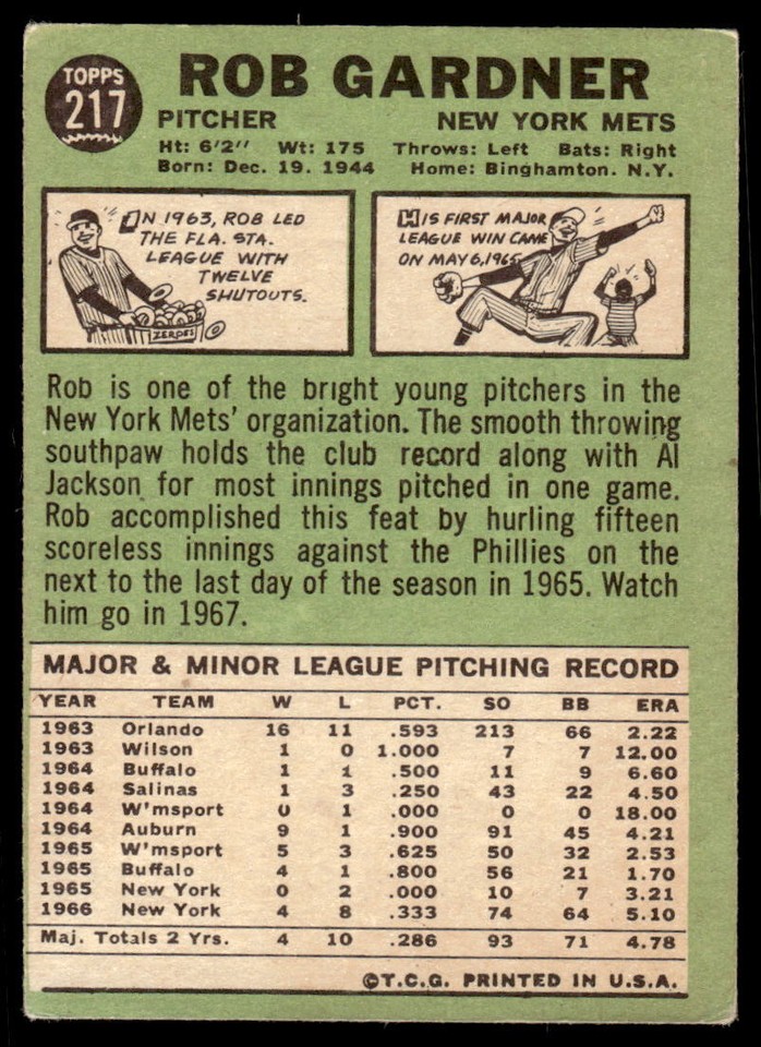 1967 Topps Rob Gardner #217 New York Mets Baseball Card | eBay