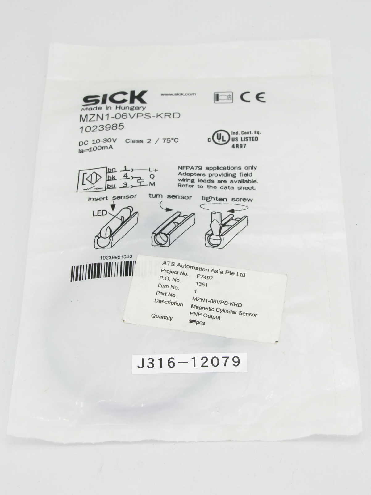 12079 SICK MAGNETIC CYLINDER SENSOR, P/N: 1023985 (NEW) MZN1-06VPS-KRD ...