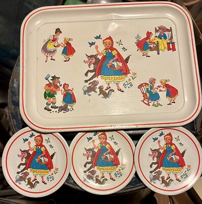 antique little red riding hood tray 13 3/4” x 10 1/2”with 3 plates 5 1/ ...