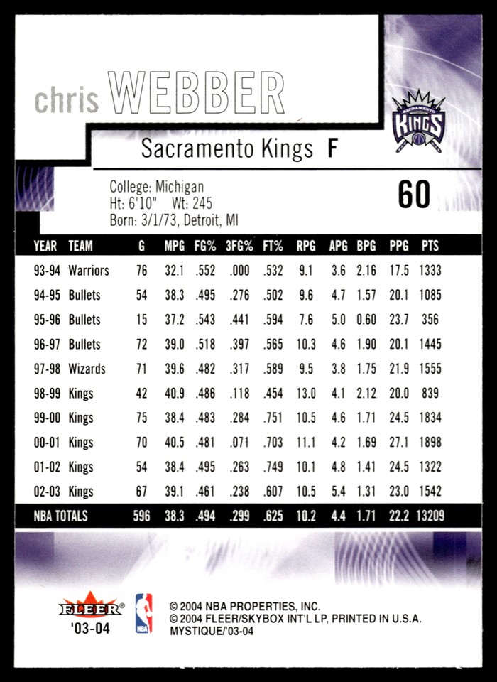 2003-04 Fleer Mystique #60 Chris Webber Sacramento Kings | eBay