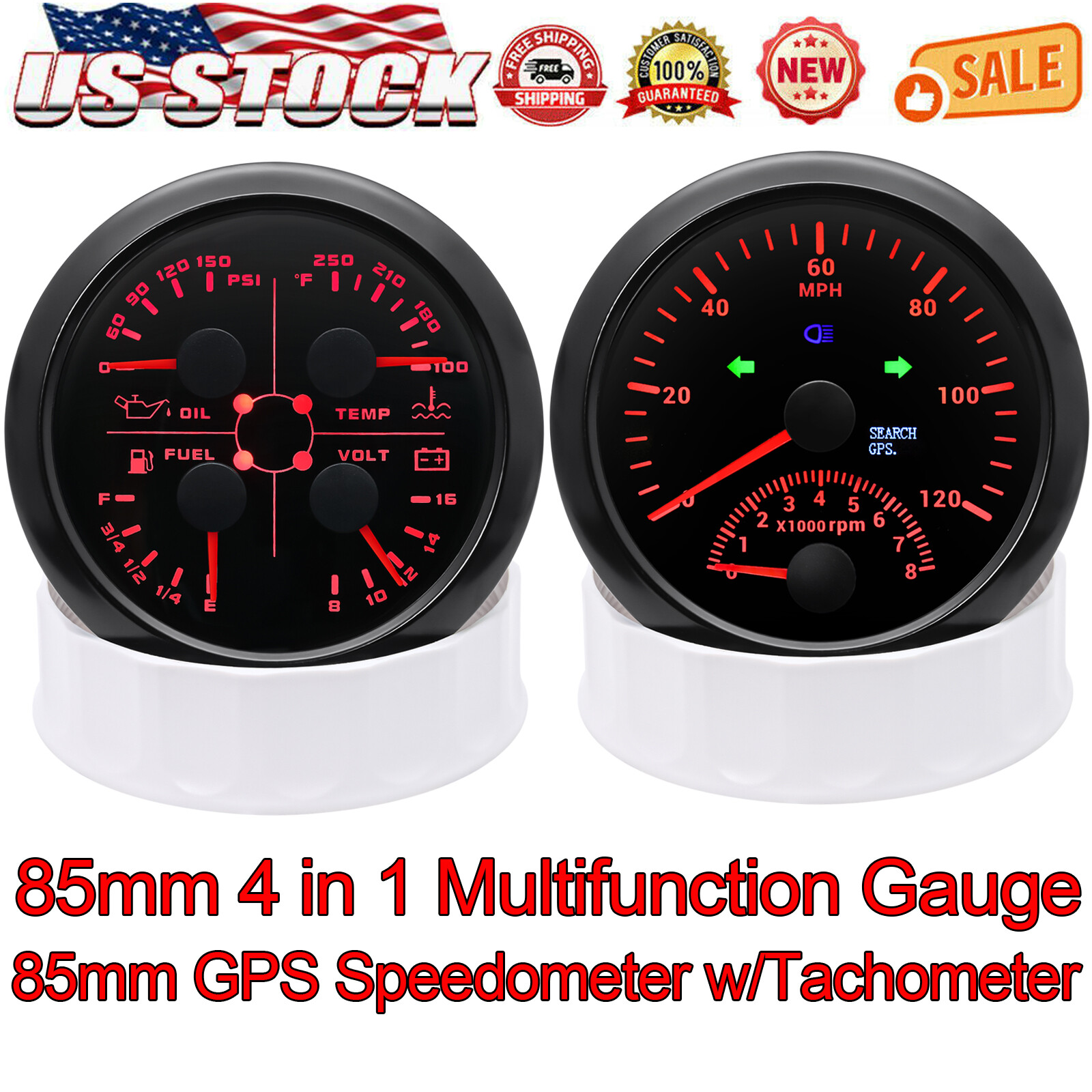 2 Gauge Set 85mm GPS Speedometer 120MPH W/tacho&85mm 4 in 1 Fuel Water ...