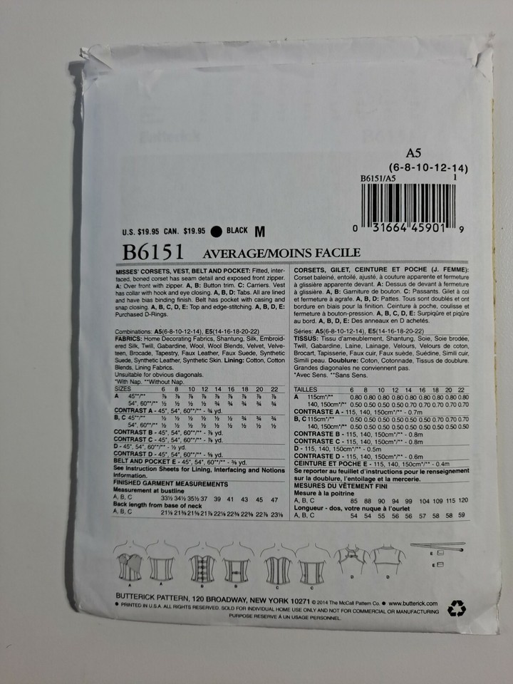 BUTTERICK PATTERN 6151 CORSETS VEST BELT MISSES SIZES 6 8 10 12 14 ...