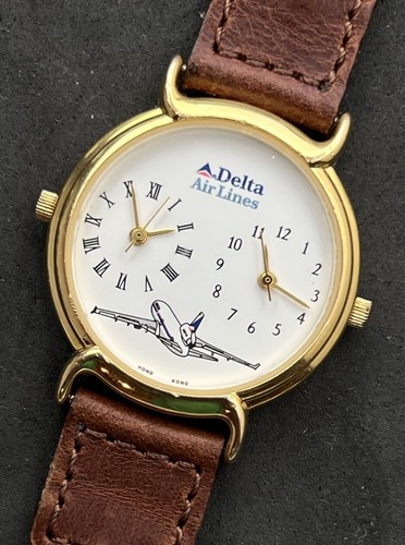 Vintage New DELTA AIRLINES Dual Time Women’s 32mm Quartz Watch Gold ...