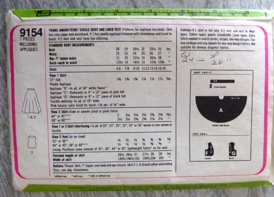 1970s Vtg Felt Circle Skirt w/Poodle Applique Simplicity 9154 Pattern ...