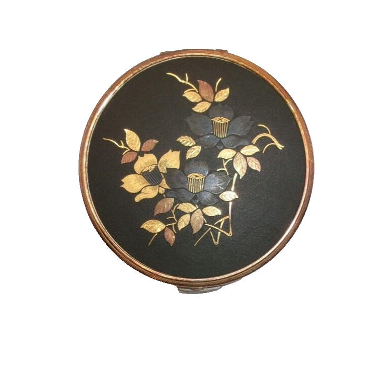 Vintage Crown Makeup Powder Compact Damascene Flowers and Leaves Gold ...