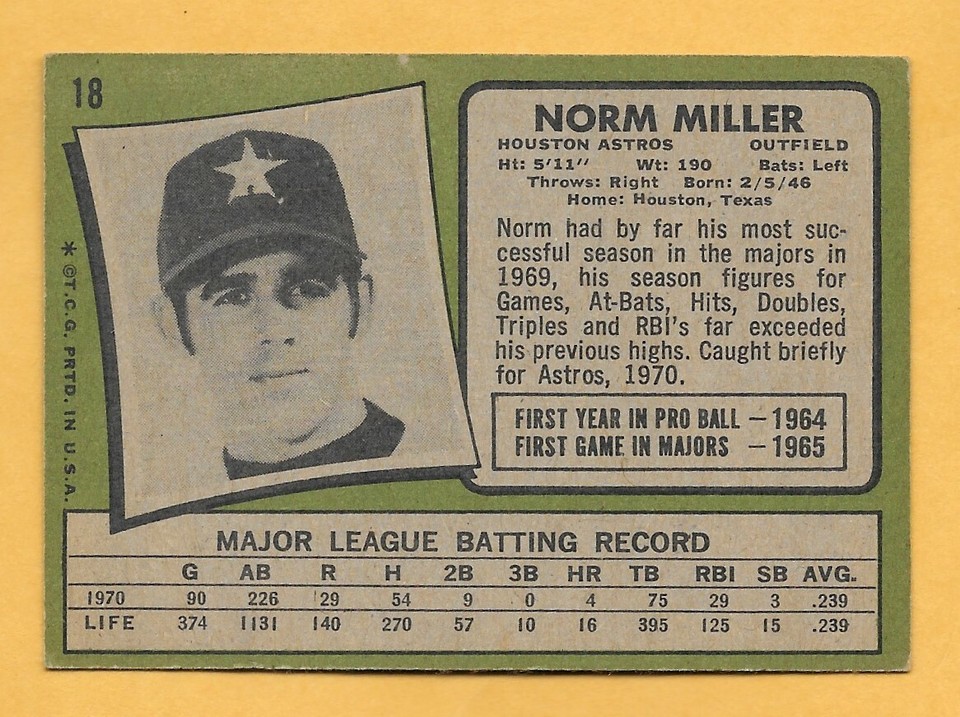 1971 Topps Norm Miller #18 Houston Astros EX- | eBay