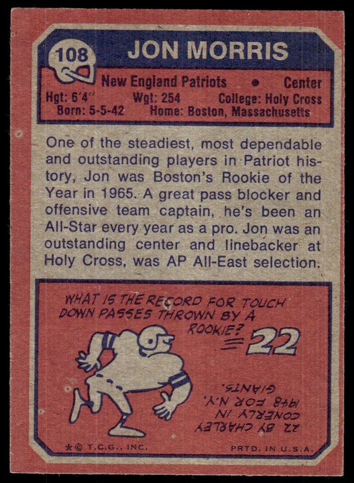 1973 TOPPS JON MORRIS 3 NEW ENGLAND PATRIOTS #108 | eBay