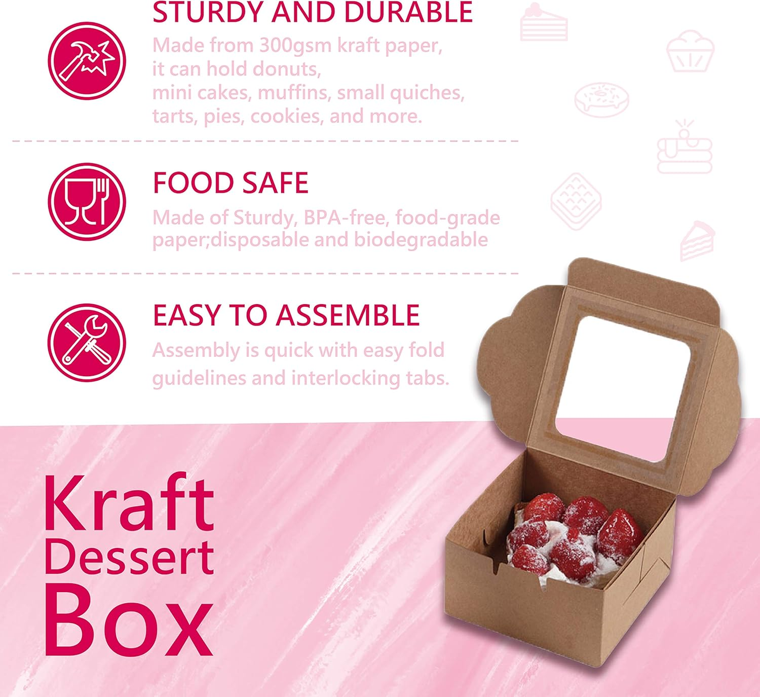 Bubbley Kraft Paper Bakery Boxes - 25-Pack Single Pastry Box 4-Inch ...
