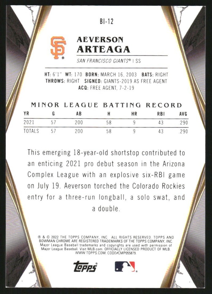 2022 Bowman Chrome Bowman Invicta #BI12 Aeverson Arteaga | eBay