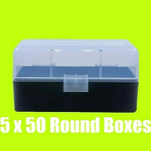 5 x BERRY'S PLASTIC AMMO BOX, CLEAR/BLACK 50 Round 223/556/300BLK ...